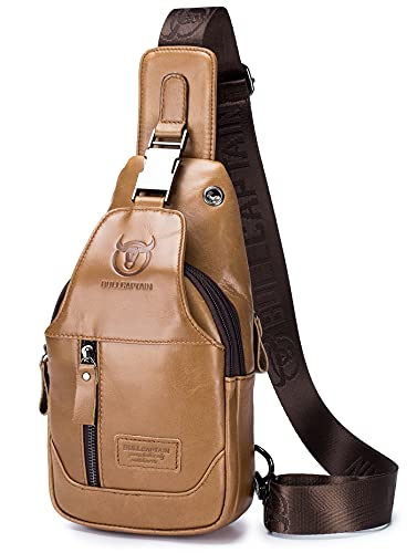 BULLCAPTAIN Genuine Leather Men's Sling Shoulder Backpack Multi-pocket Crossbody Chest Bags Travel Hiking Daypack with Earphone Hole (Yellowish brown)