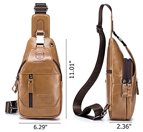 BULLCAPTAIN Genuine Leather Men's Sling Shoulder Backpack Multi-pocket Crossbody Chest Bags Travel Hiking Daypack with Earphone Hole (Yellowish brown)