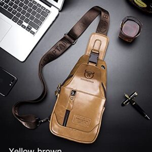 BULLCAPTAIN Genuine Leather Men's Sling Shoulder Backpack Multi-pocket Crossbody Chest Bags Travel Hiking Daypack with Earphone Hole (Yellowish brown)