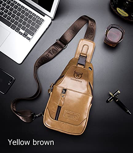 BULLCAPTAIN Genuine Leather Men's Sling Shoulder Backpack Multi-pocket Crossbody Chest Bags Travel Hiking Daypack with Earphone Hole (Yellowish brown)