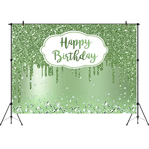 Aperturee 7x5ft Army Green Happy Birthday Backdrop Glitter Diamonds Girls Sweet 16 18th 21st 30th Women Photography Background Banner Supplies Photo Booth Studio Props Party Decoration Cake Table