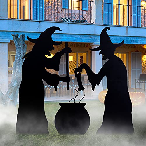 YoleShy Halloween Witch Stakes with Cauldron, Set of 3 Metal Halloween Yard Stakes Scary Witch Yard Decorations, Witch Silhouette for Outdoor Lawn Garden Yard Halloween Decor