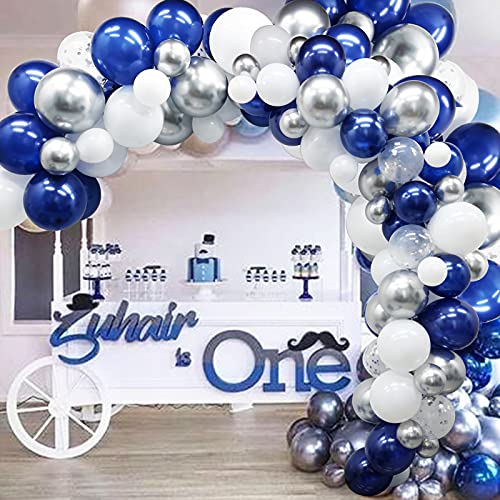 Navy Blue Silver Balloon Arch Garland Kit, 124 Pack Navy Silver White Confetti Balloons with Balloon Accessories and LED String Light for Graduation Baby Shower Wedding Birthday Party Supplies