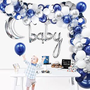 Navy Blue Silver Balloon Arch Garland Kit, 124 Pack Navy Silver White Confetti Balloons with Balloon Accessories and LED String Light for Graduation Baby Shower Wedding Birthday Party Supplies