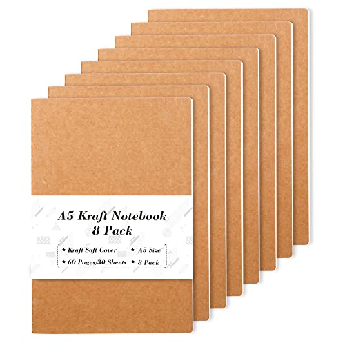 8 Pack A5 Kraft Notebooks, 60 Lined Blank Pages Travel Journal Bulk, Soft Cover Notebooks for Women Girls Students by Feela, Making Plans Writing Memos Office School Supplies, 8.3 X 5.5 in