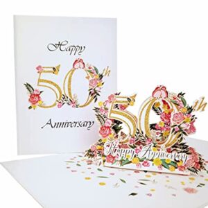 iGifts And Cards Happy 50th Milestone Anniversary 3D Pop Up Greeting Card - Marriage, Soulmates, Celebration, Being Together, Golden, Congratulations, Romantic, Lovebirds, Love and Happiness