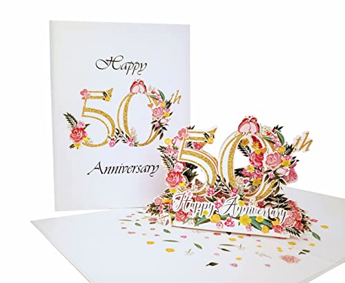 iGifts And Cards Happy 50th Milestone Anniversary 3D Pop Up Greeting Card - Marriage, Soulmates, Celebration, Being Together, Golden, Congratulations, Romantic, Lovebirds, Love and Happiness