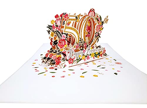 iGifts And Cards Happy 50th Milestone Anniversary 3D Pop Up Greeting Card - Marriage, Soulmates, Celebration, Being Together, Golden, Congratulations, Romantic, Lovebirds, Love and Happiness