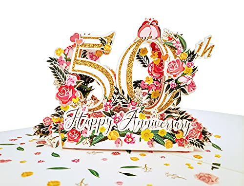 iGifts And Cards Happy 50th Milestone Anniversary 3D Pop Up Greeting Card - Marriage, Soulmates, Celebration, Being Together, Golden, Congratulations, Romantic, Lovebirds, Love and Happiness