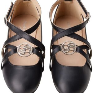 bebe Girls' Dress Shoes - Strappy Ballet Flats with Rhinestone Medallion (Little Girl/Big Girl), Size 1 Little Kid, Black