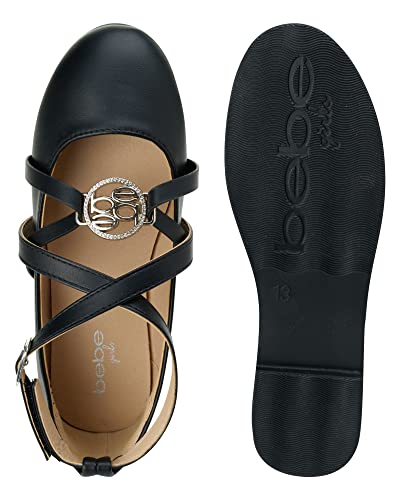 bebe Girls' Dress Shoes - Strappy Ballet Flats with Rhinestone Medallion (Little Girl/Big Girl), Size 1 Little Kid, Black