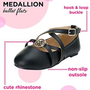 bebe Girls' Dress Shoes - Strappy Ballet Flats with Rhinestone Medallion (Little Girl/Big Girl), Size 1 Little Kid, Black