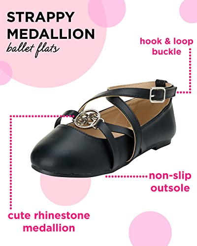 bebe Girls' Dress Shoes - Strappy Ballet Flats with Rhinestone Medallion (Little Girl/Big Girl), Size 1 Little Kid, Black