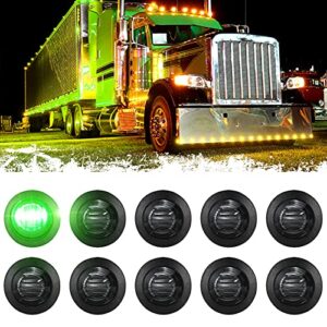 pseqt 3/4" round led side marker light clearance turn signal indicators bullet grommet lights waterproof for trailer truck car bus van pickup rv wrangler atv utv (10pcs, smoked lens & green led)