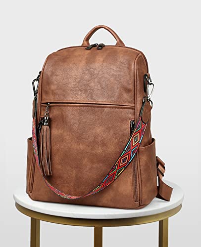 FADEON Leather Backpack Purse for Women Designer Travel Backpack Purses PU Fashion Ladies Shoulder Bag with Tassel Brown