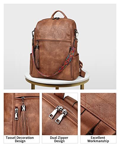 FADEON Leather Backpack Purse for Women Designer Travel Backpack Purses PU Fashion Ladies Shoulder Bag with Tassel Brown