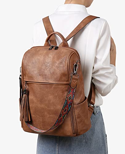 FADEON Leather Backpack Purse for Women Designer Travel Backpack Purses PU Fashion Ladies Shoulder Bag with Tassel Brown