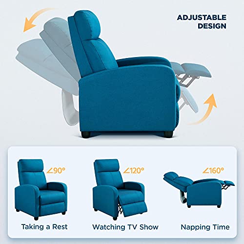 Topeakmart Fabric Recliner Sofa Push Back Recliner Chair Adjustable Modern Single Reclining Chair Upholstered Sofa with Pocket Spring Living Room Bedroom Home Theater Blue