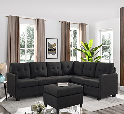 BEEY Modular Sectional Sofa Couches Living Room 6 Seats Corner Sectional Couches L- Shape Sofa Couch with Ottoman Set for Small Apartment,Deep Grey