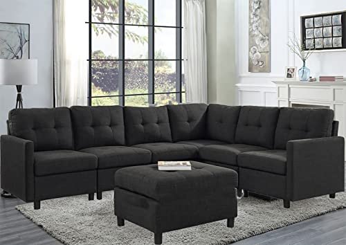 BEEY Modular Sectional Sofa Couches Living Room 6 Seats Corner Sectional Couches L- Shape Sofa Couch with Ottoman Set for Small Apartment,Deep Grey