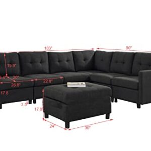 BEEY Modular Sectional Sofa Couches Living Room 6 Seats Corner Sectional Couches L- Shape Sofa Couch with Ottoman Set for Small Apartment,Deep Grey