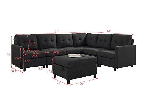 BEEY Modular Sectional Sofa Couches Living Room 6 Seats Corner Sectional Couches L- Shape Sofa Couch with Ottoman Set for Small Apartment,Deep Grey