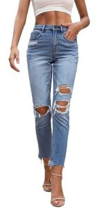 ofluck women ripped high waisted jeans frayed raw hem regular fit boyfriend distressed denim pants with hole blue