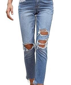 OFLUCK Women Ripped High Waisted Jeans Frayed Raw Hem Regular Fit Boyfriend Distressed Denim Pants with Hole Blue