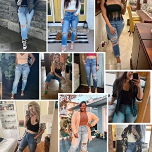 OFLUCK Women Ripped High Waisted Jeans Frayed Raw Hem Regular Fit Boyfriend Distressed Denim Pants with Hole Blue