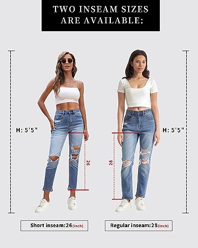 OFLUCK Women Ripped High Waisted Jeans Frayed Raw Hem Regular Fit Boyfriend Distressed Denim Pants with Hole Blue