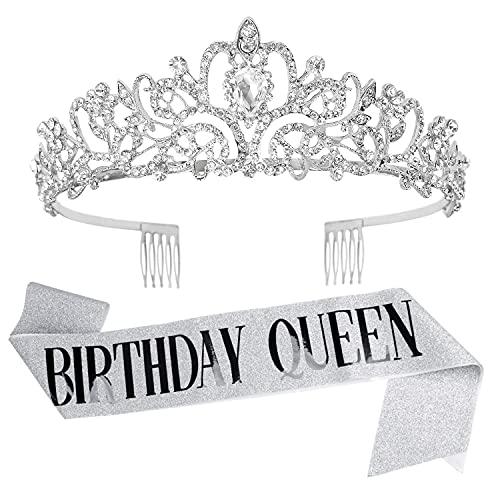 KICOSY Birthday Crown for Women Birthday Sash and Crown Silver Birthday Decorations Crystal Tiara and Birthday Queen Sash Party Favor Gifts for Women and Girls Hair Accessories