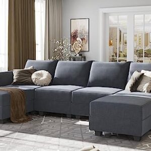 HONBAY Modern U-Shaped Modular Sectional Sofa Sleeper Couch with Reversible Chaise Modular Sofa Couch with Storage Seats, Bluish Grey