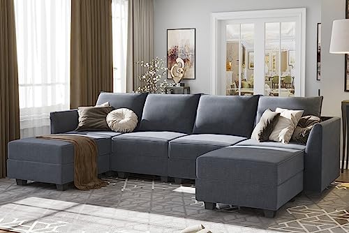 HONBAY Modern U-Shaped Modular Sectional Sofa Sleeper Couch with Reversible Chaise Modular Sofa Couch with Storage Seats, Bluish Grey