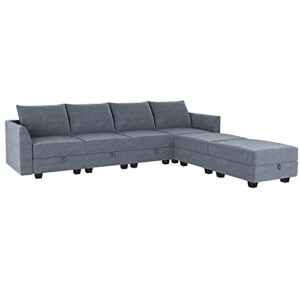 HONBAY Modern U-Shaped Modular Sectional Sofa Sleeper Couch with Reversible Chaise Modular Sofa Couch with Storage Seats, Bluish Grey