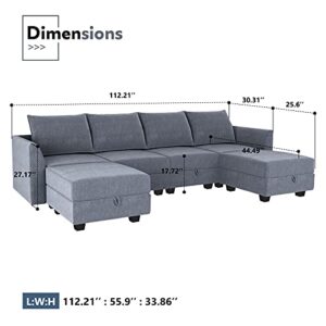 HONBAY Modern U-Shaped Modular Sectional Sofa Sleeper Couch with Reversible Chaise Modular Sofa Couch with Storage Seats, Bluish Grey