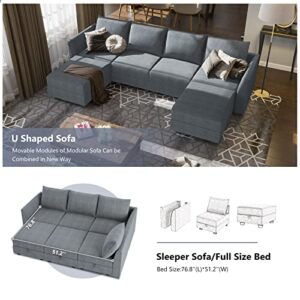 HONBAY Modern U-Shaped Modular Sectional Sofa Sleeper Couch with Reversible Chaise Modular Sofa Couch with Storage Seats, Bluish Grey