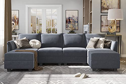 HONBAY Modern U-Shaped Modular Sectional Sofa Sleeper Couch with Reversible Chaise Modular Sofa Couch with Storage Seats, Bluish Grey