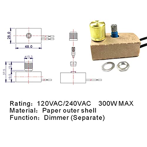 Rhinenet Zing Ear ZE-03 Full Range Inline Table Lamp LED Dimmer Switch Incandescent Light Rotary Replacement Combo Kit 120VAC/240VAC 300W Watt MAX Paper Outer Shell (Brass) Easy to Install