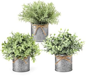 mkono mini fake plants in farmhouse galvanized metal pots table centerpiece rustic home decor, 3 pack lightweight potted artificial plants faux eucalyptus for indoor shelf dining room office decor