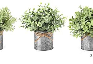 Mkono Mini Fake Plants in Farmhouse Galvanized Metal Pots Table Centerpiece Rustic Home Decor, 3 Pack Lightweight Potted Artificial Plants Faux Eucalyptus for Indoor Shelf Dining Room Office Decor