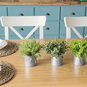 Mkono Mini Fake Plants in Farmhouse Galvanized Metal Pots Table Centerpiece Rustic Home Decor, 3 Pack Lightweight Potted Artificial Plants Faux Eucalyptus for Indoor Shelf Dining Room Office Decor