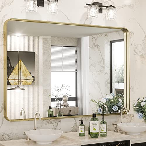 TokeShimi Gold Bathroom Mirror for Wall 40 x 30 Inch Rounded Corner Rectangle in Aluminum Alloy Metal Frame Deep Set Design Hangs Horizontal Or Vertical Farmhouse