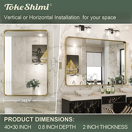 TokeShimi Gold Bathroom Mirror for Wall 40 x 30 Inch Rounded Corner Rectangle in Aluminum Alloy Metal Frame Deep Set Design Hangs Horizontal Or Vertical Farmhouse