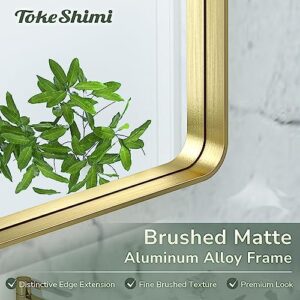 TokeShimi Gold Bathroom Mirror for Wall 40 x 30 Inch Rounded Corner Rectangle in Aluminum Alloy Metal Frame Deep Set Design Hangs Horizontal Or Vertical Farmhouse