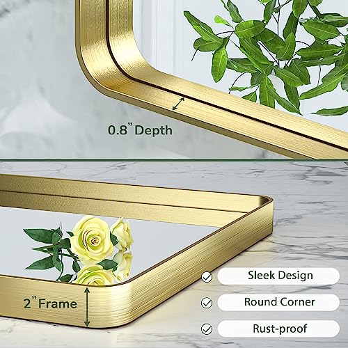 TokeShimi Gold Bathroom Mirror for Wall 40 x 30 Inch Rounded Corner Rectangle in Aluminum Alloy Metal Frame Deep Set Design Hangs Horizontal Or Vertical Farmhouse