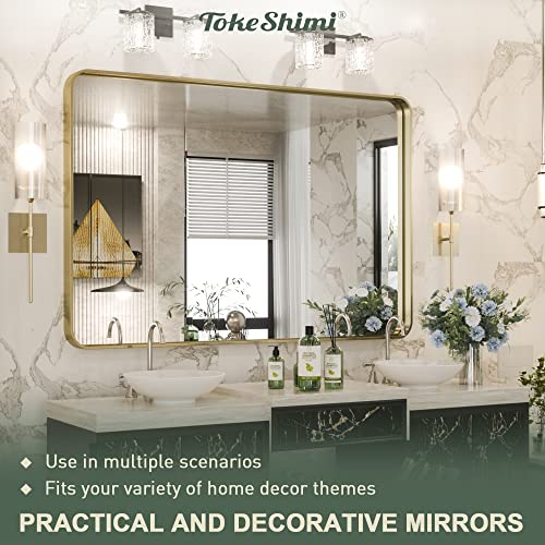 TokeShimi Gold Bathroom Mirror for Wall 40 x 30 Inch Rounded Corner Rectangle in Aluminum Alloy Metal Frame Deep Set Design Hangs Horizontal Or Vertical Farmhouse