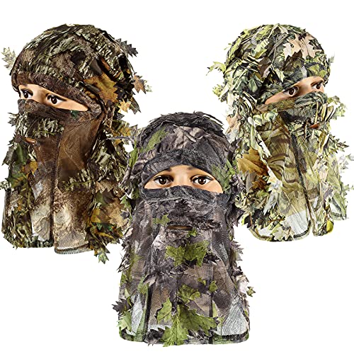 Sintege 3 Pieces Hunting Face Mask Camouflage Leafy Hat Ghillie Face Covering 3D Full Cover Camo Headwear Turkey Hunting Gear Accessories