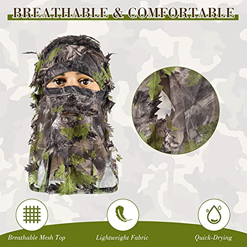 Sintege 3 Pieces Hunting Face Mask Camouflage Leafy Hat Ghillie Face Covering 3D Full Cover Camo Headwear Turkey Hunting Gear Accessories