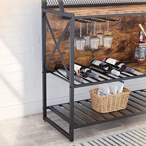 Bestier Bar Table with Storage Coffee Bar Cabinets for Liquor and Glasses, Wine Rack Freestanding Floor with Glass Holder for Home Kitchen Dining Room Basement,Rustic Brown