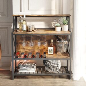 Bestier Bar Table with Storage Coffee Bar Cabinets for Liquor and Glasses, Wine Rack Freestanding Floor with Glass Holder for Home Kitchen Dining Room Basement,Rustic Brown